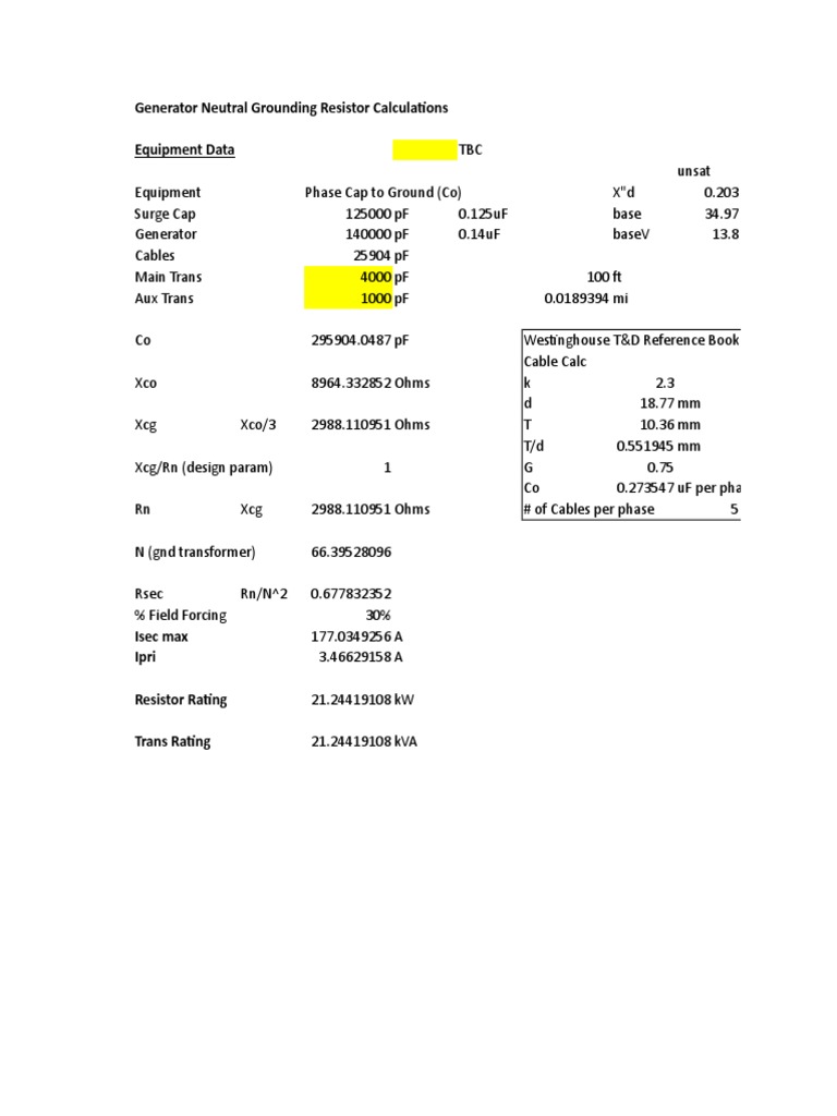 Generator Neutral Grounding Resistor Calculations Equipment Data | PDF
