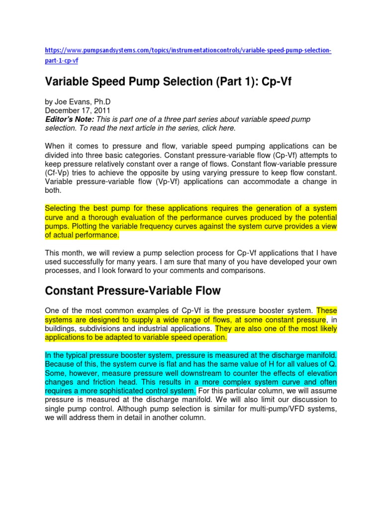 Variable Speed Pump Selection - Part 1 | PDF | Turbocharger | Pump