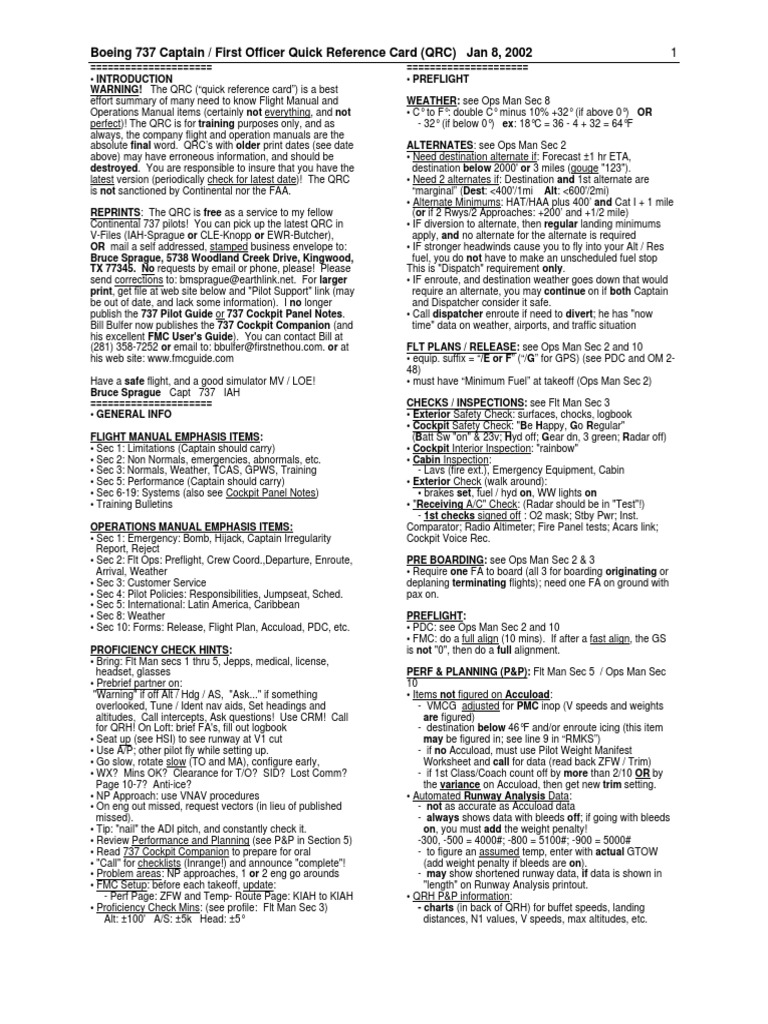B737 Captain and First Officer Quick Reference Card (QRC) | PDF | Stall (Fluid Mechanics) | Takeoff