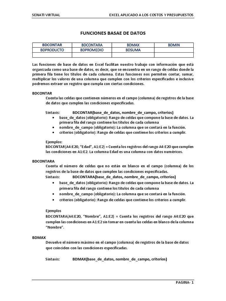 1 - Funciones Base de Datos - U4 PDF | PDF | Microsoft Excel | Bases de datos