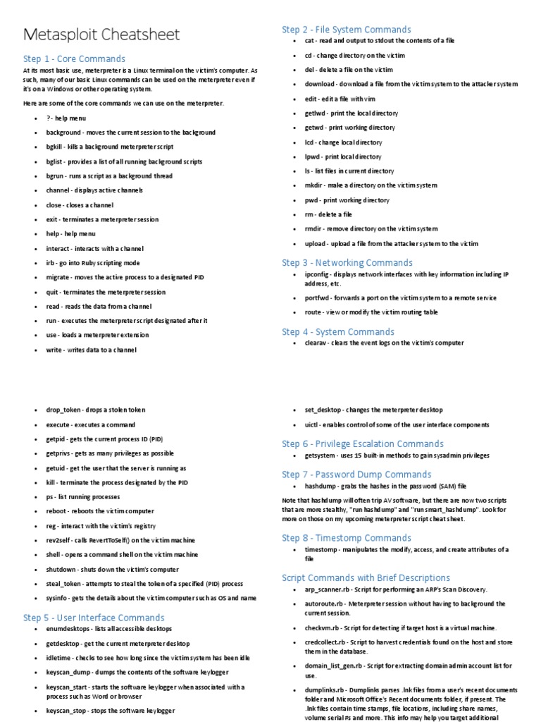 Metasploit Cheatsheet | PDF | Microsoft Windows | Command Line Interface