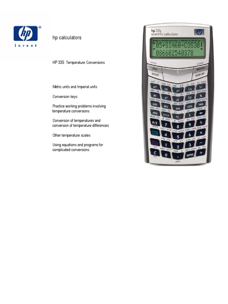 HP Calculators: HP 33S Temperature Conversions | PDF | Fahrenheit | Celsius