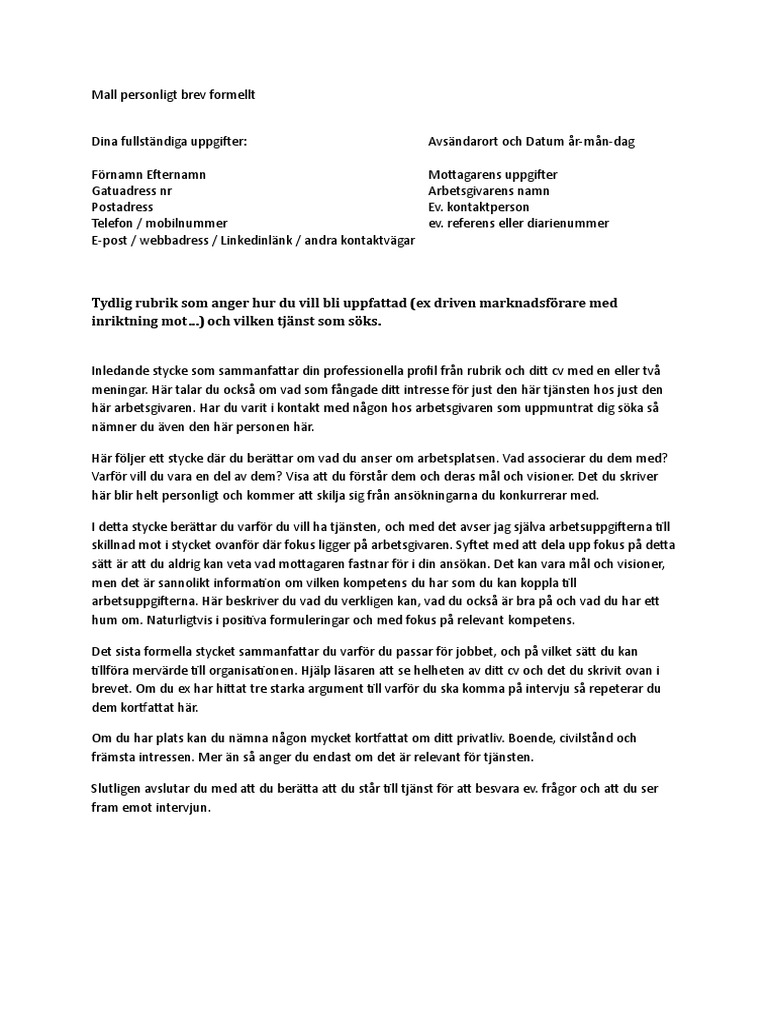 Personligt Brev Mall Formellt Forslag 1