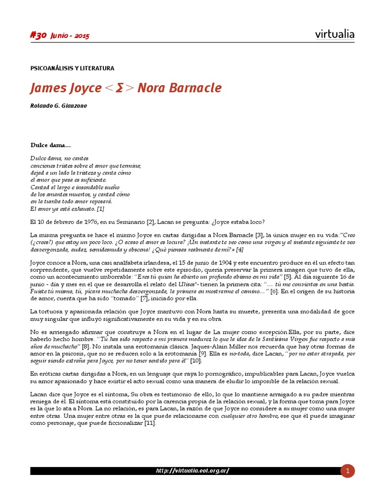 Joyce Z Nora Barnacle PDF | PDF | James Joyce | Jacques Lacan