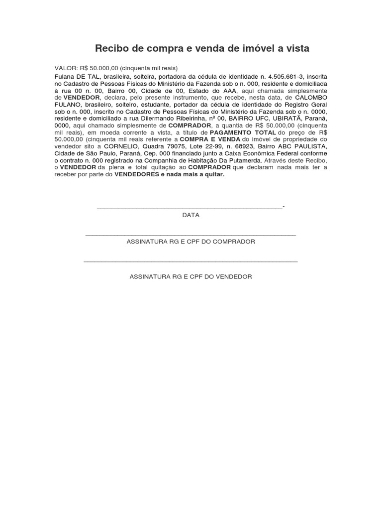 Recibo de Compra e Venda de Imóvel A Vista | PDF