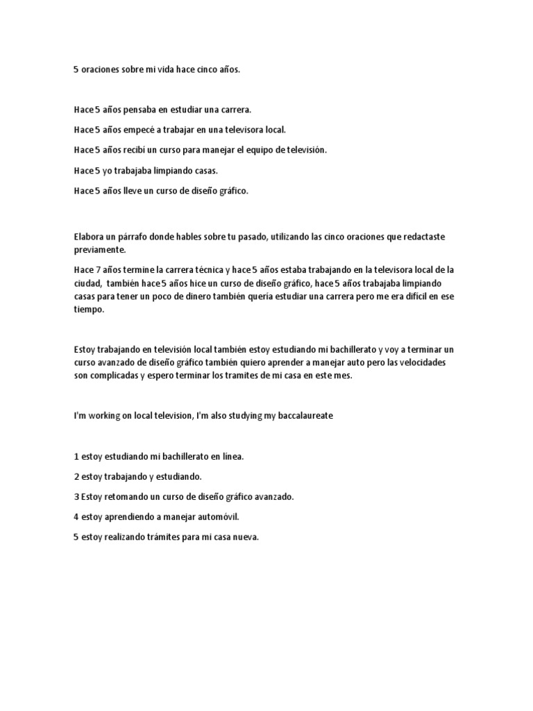 Proyecto Integrador 22 Agosto 5 Oraciones Sobre Mi Vida Hace Cinco Años | PDF | Ocio