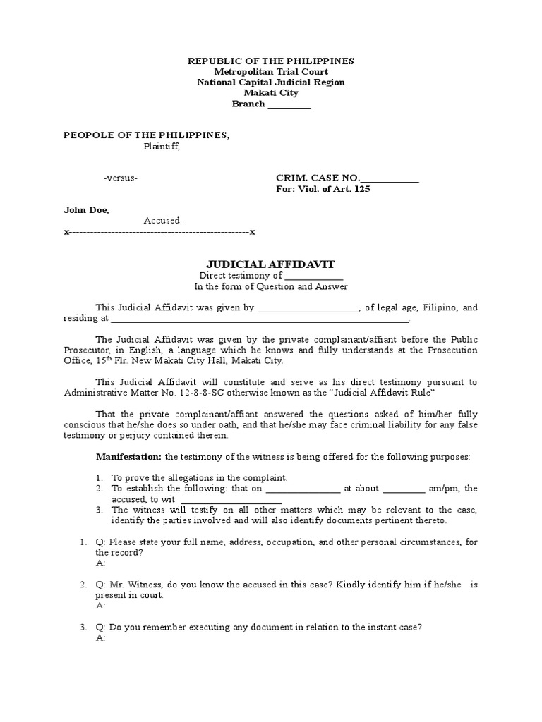 Delaying Delivery of The Detained Person | Affidavit | Witness