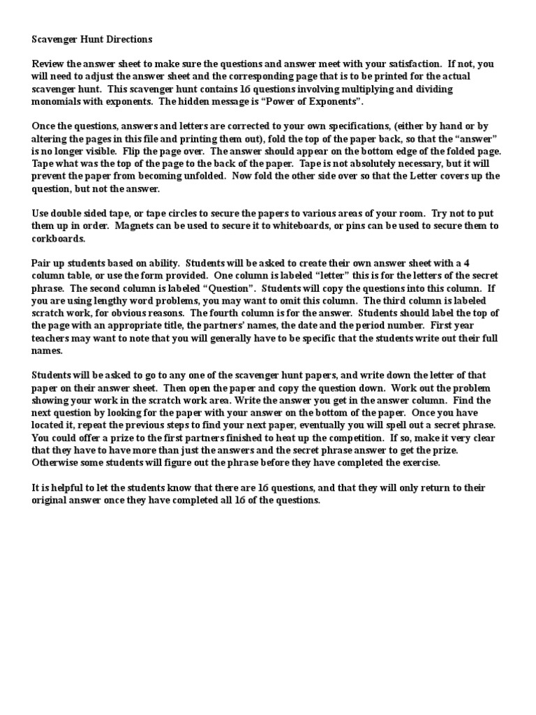 Scavenger Hunt Multiplying and Dividing Exponents | PDF ...