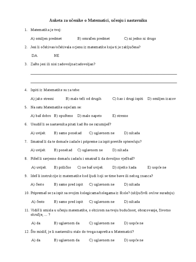 Anketa za učenike | PDF