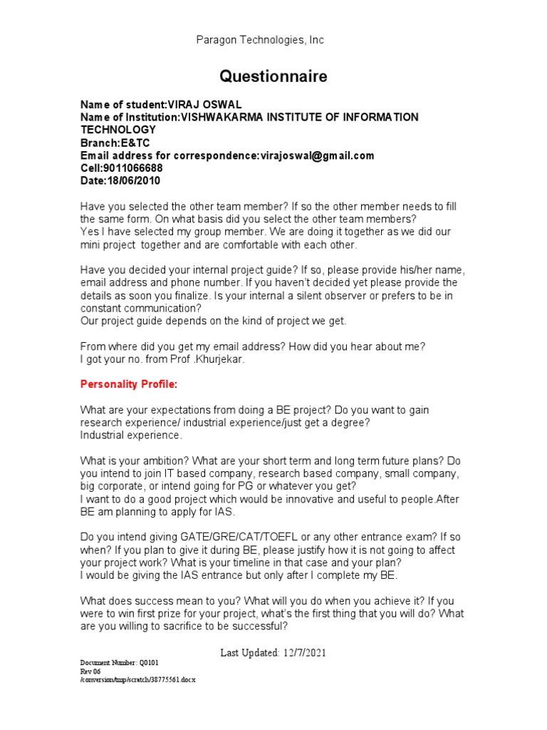 Questionnaire | PDF | Computing | Computer Science