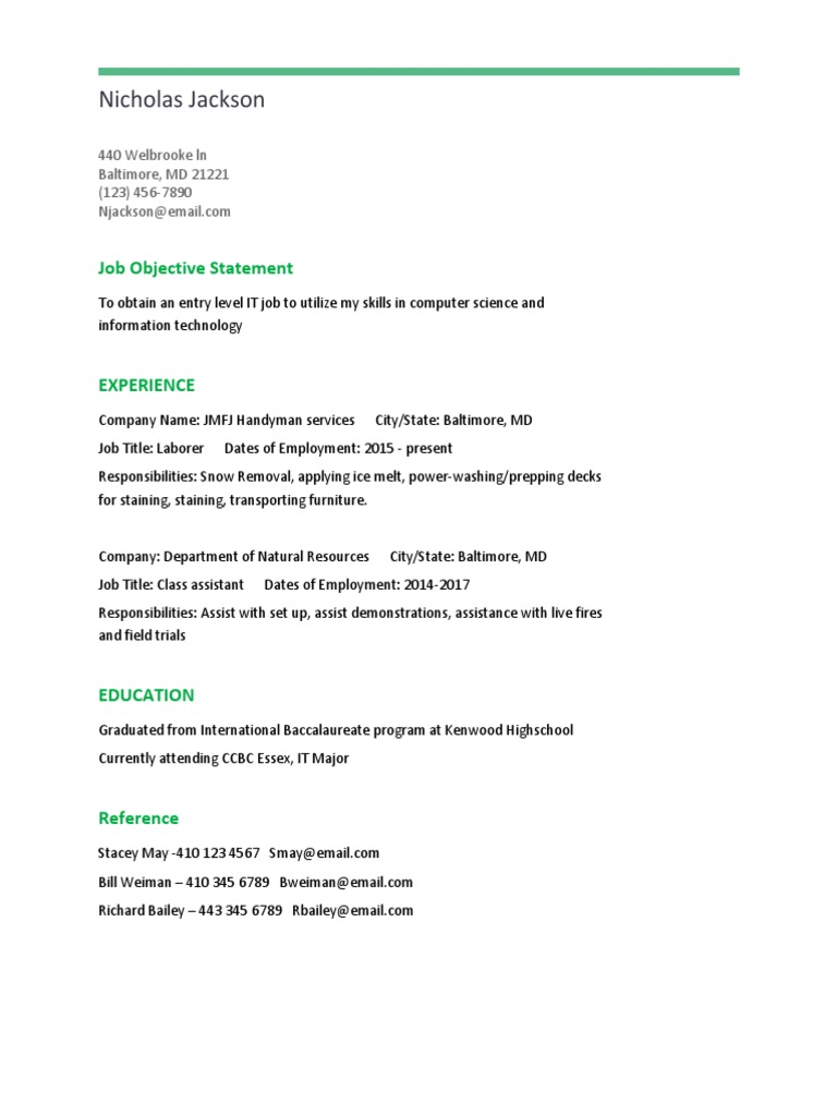 Entry-Level IT Resume of Nicholas Jackson | PDF