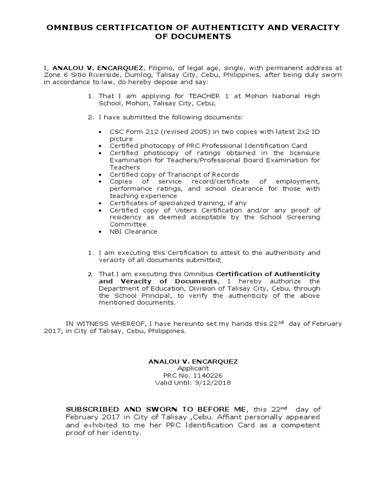 Omnibus Certification of Authenticity and Veracity of Documents | PDF