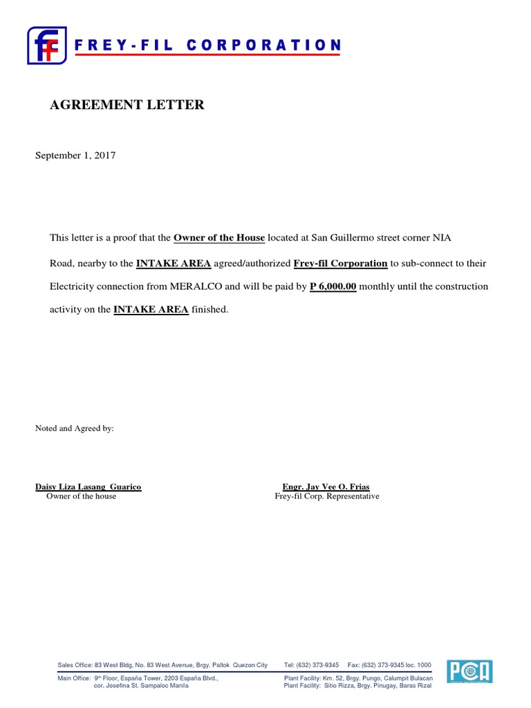 Agreement Letter: Noted and Agreed by | PDF
