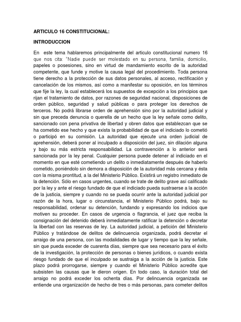 Articulo 16 Constitucional Ensayo Pdf Ley Estatutaria Delito