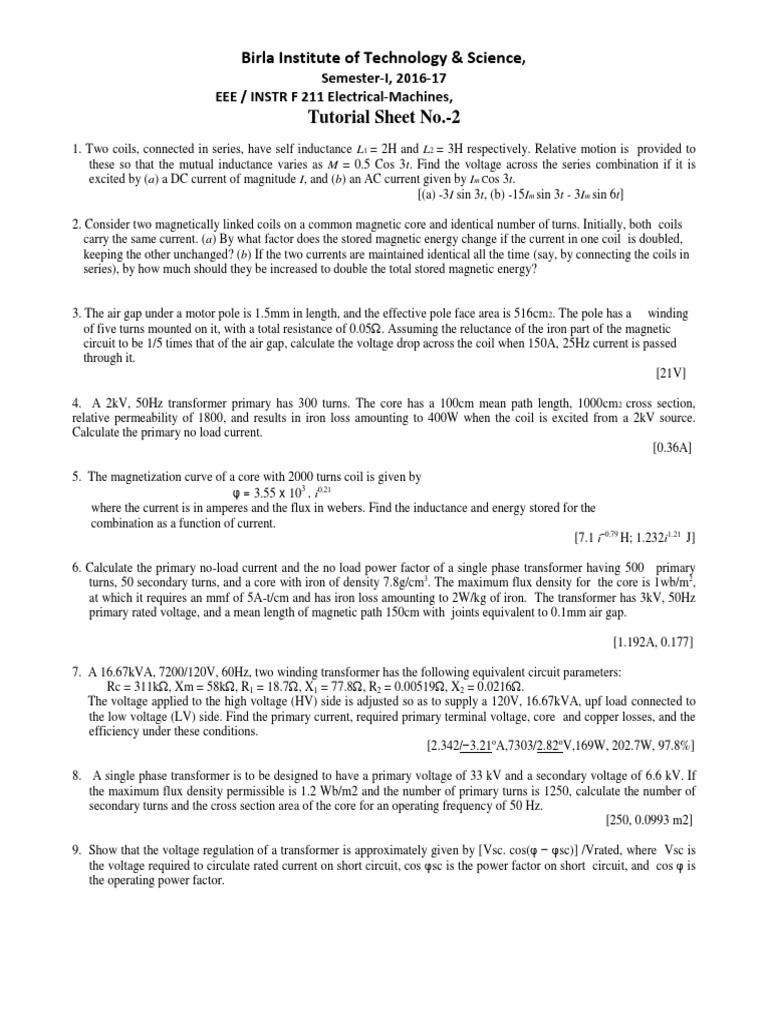 Tutorial Sheet 2 | PDF | Inductor | Inductance