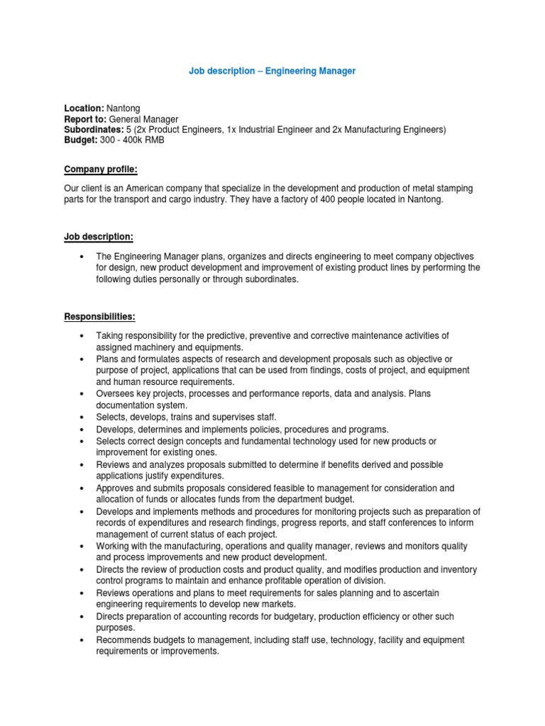 Job Description - Engineering Manager | PDF | Engineer | Engineering