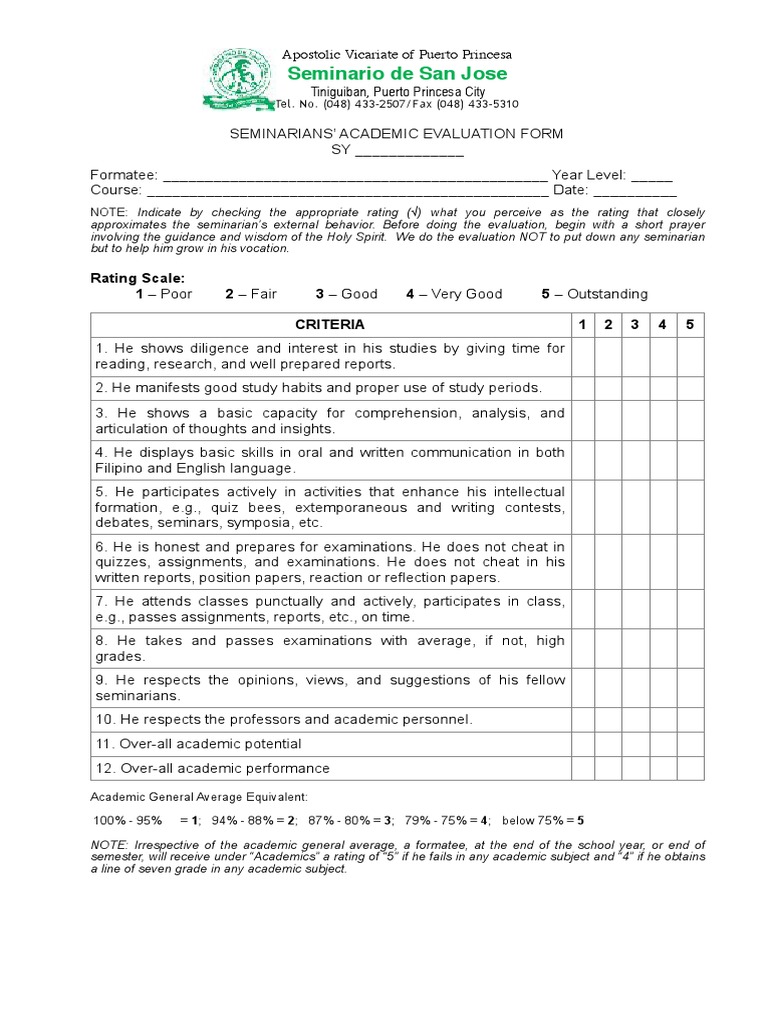 Seminarians' Academic Evaluation Form | PDF | Cognitive Science ...