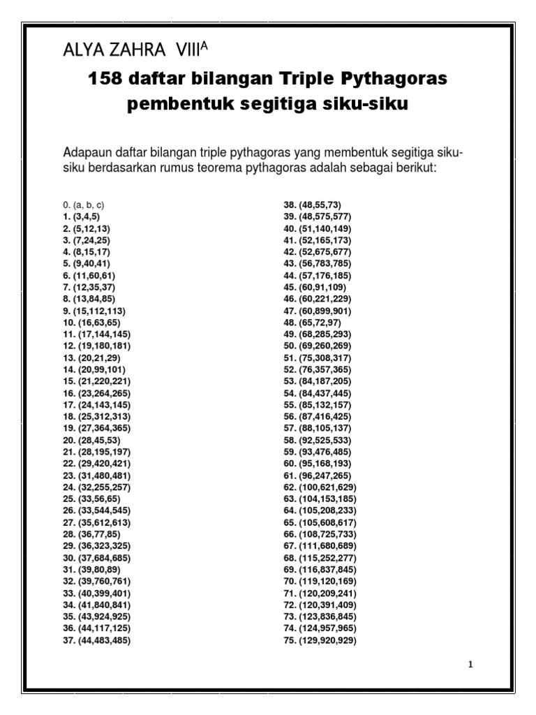158 Daftar Bilangan Triple Pythagoras Pembentuk Segitiga Siku | PDF