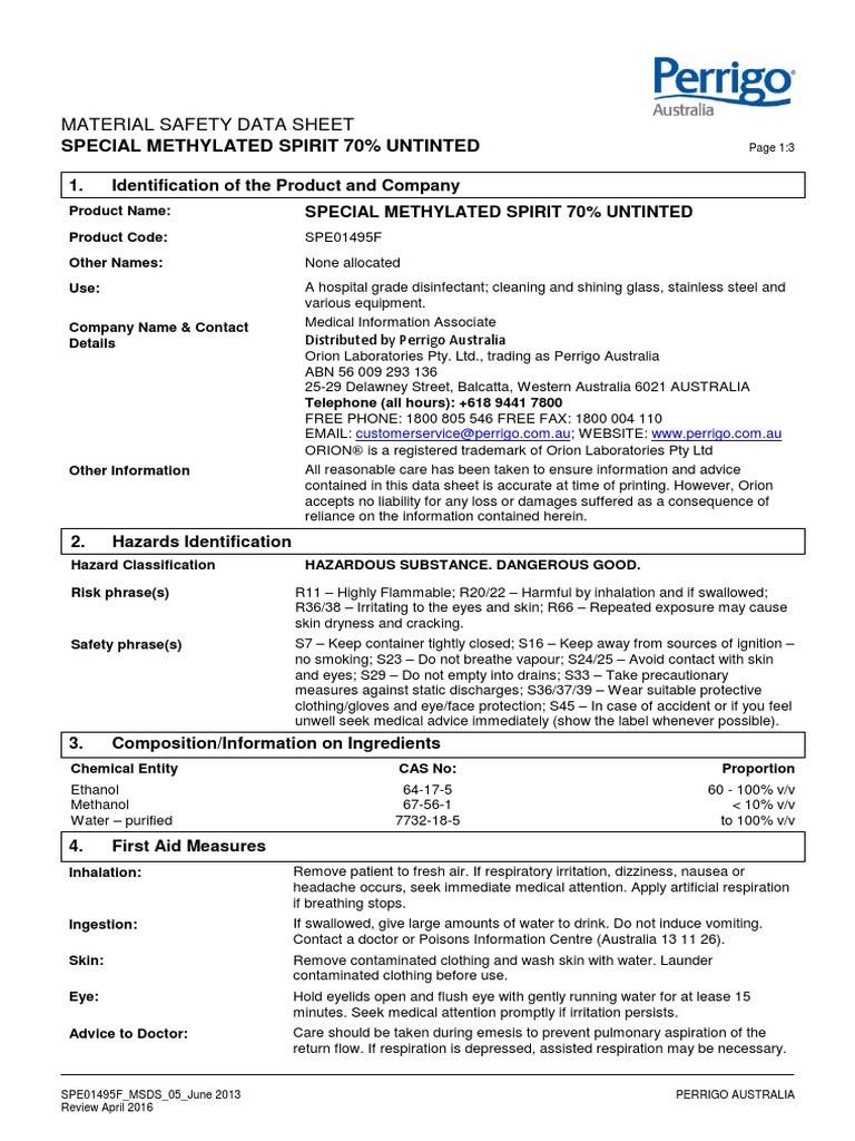 Special Methylated Spirit 70% Untinted: Material Safety Data Sheet ...