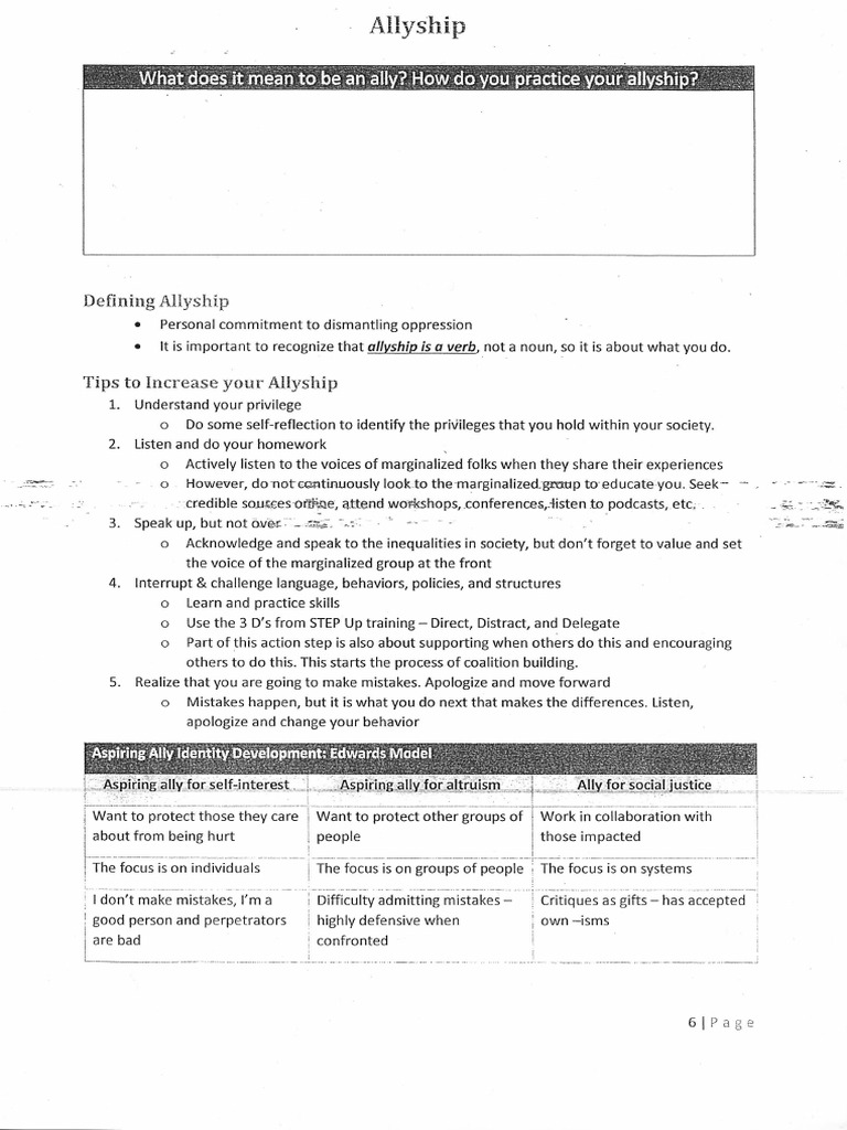 American University "Allyship" Worksheet From "Creating Inclusive ...