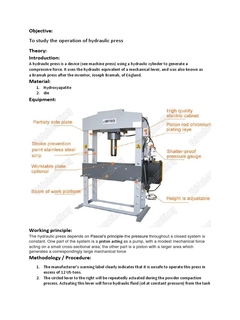 To Study The Operation of Hydraulic Press: Objective | PDF | Valve ...