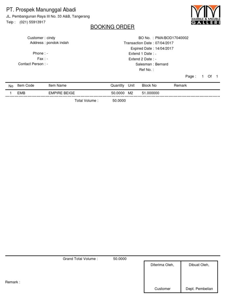 Booking Order Print Out | PDF