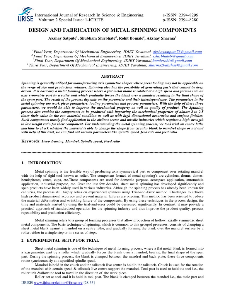 Design and Fabrication of Metal Spinning Components | PDF | Rotation ...