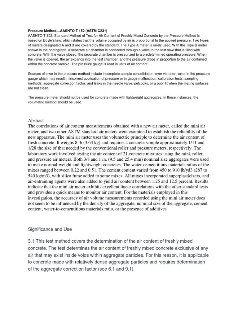 Pressure Method - AASHTO T 152 (ASTM C231) | PDF | Concrete | Pressure