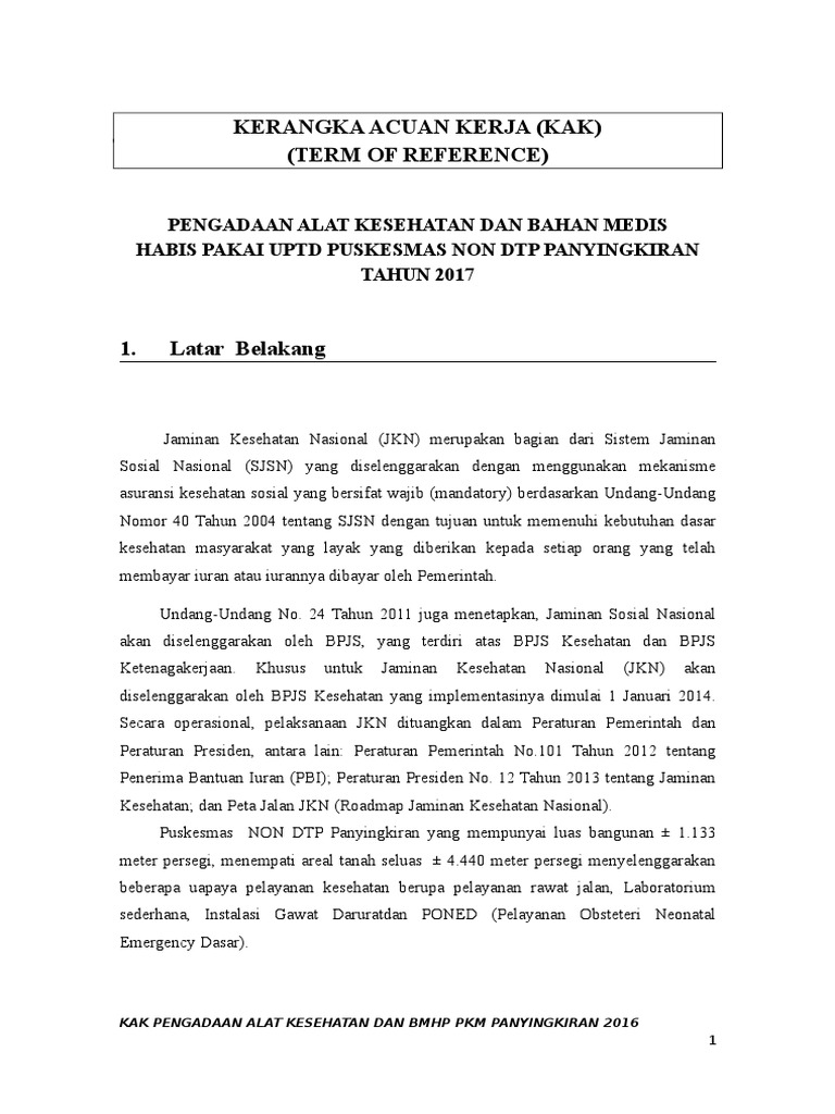 Contoh, KAK ALKES DAN BMHP 2016, PKM Panyingkiran | PDF