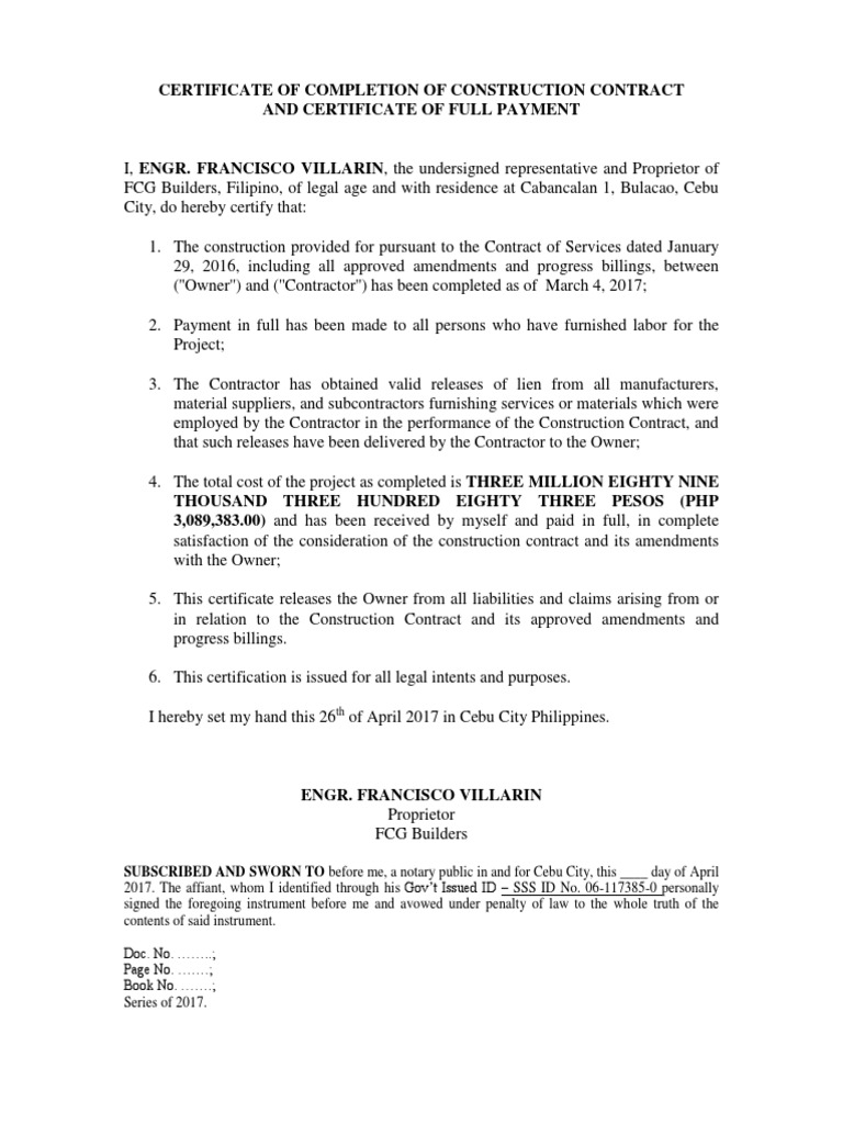 Certificate of Completion of Construction Contract
