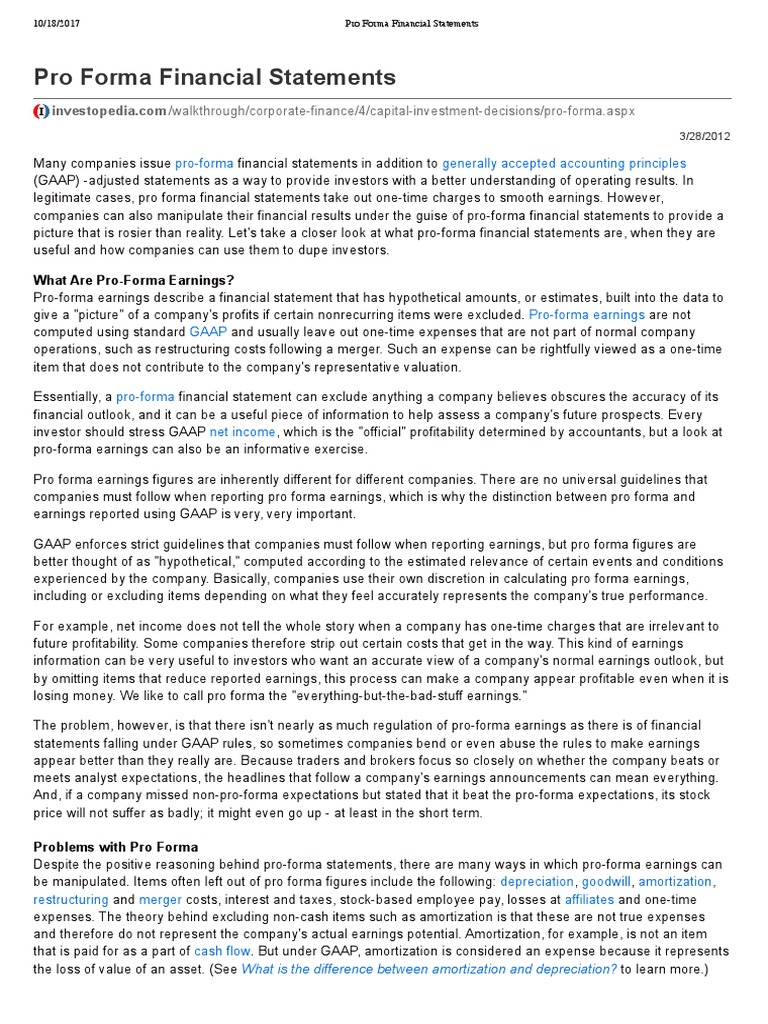 Pro Forma Financial Statements | PDF | Pro Forma | Financial Statement