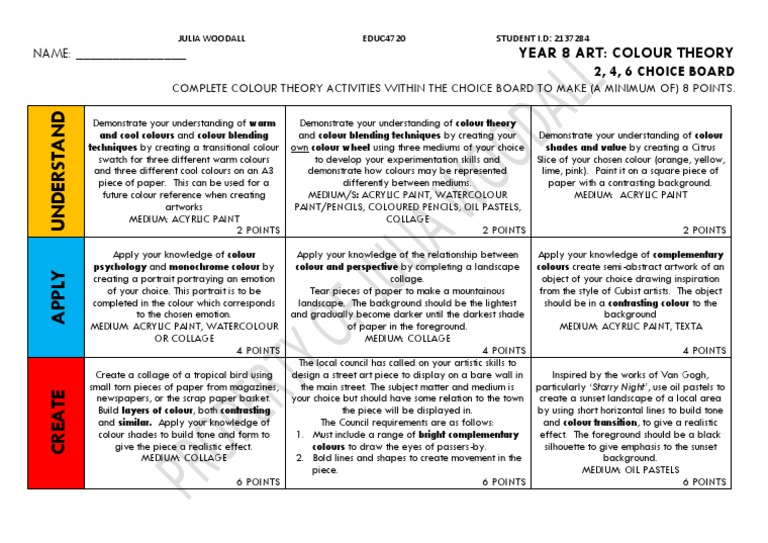 Art - Choice Board Year 8 - Colour Theory | PDF | Collage ...