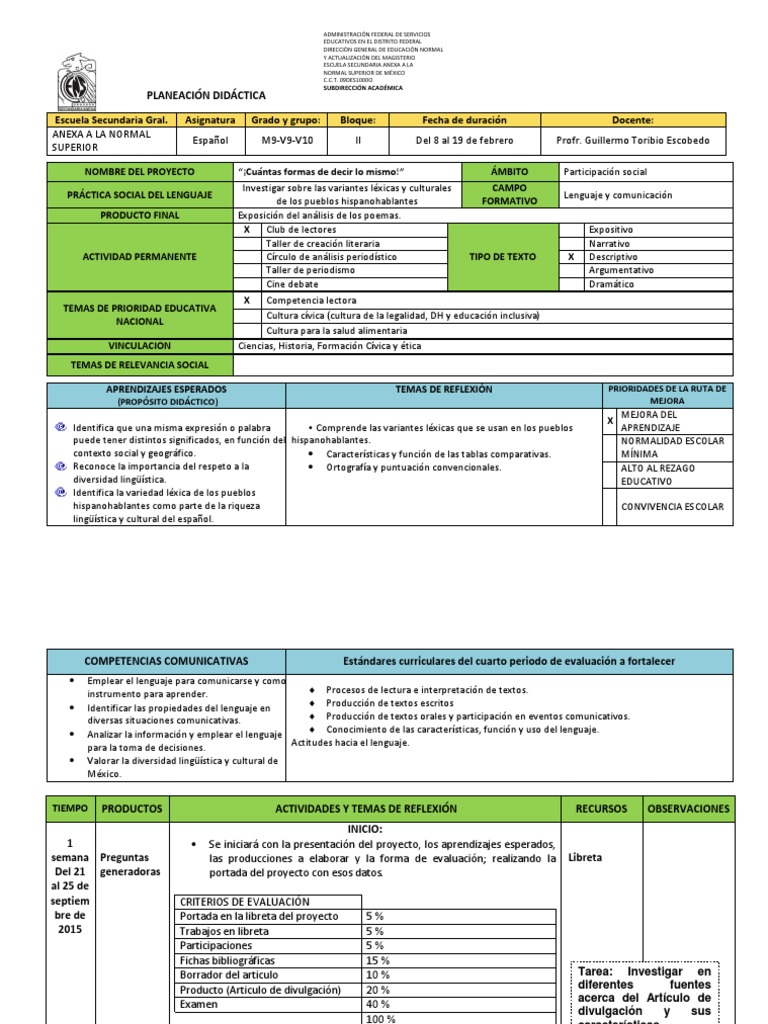 Planeación Didáctica: Escuela Secundaria Gral. Asignatura Grado y grupo ...
