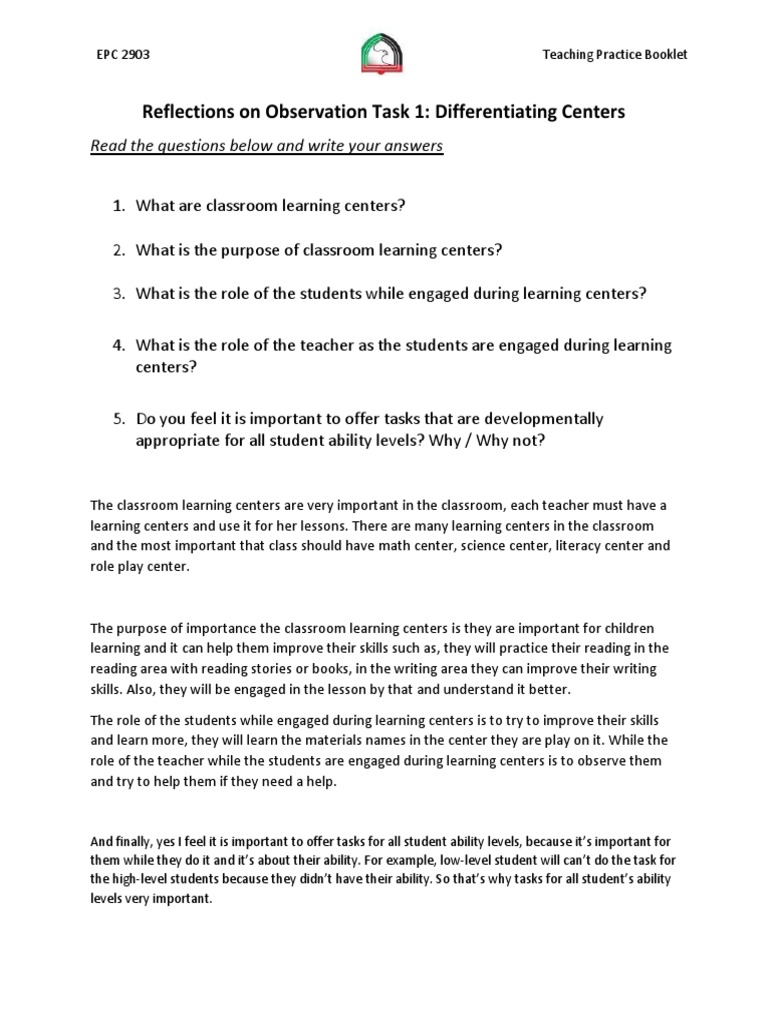 Reflections On Observation Task 1: Differentiating Centers: Read The ...