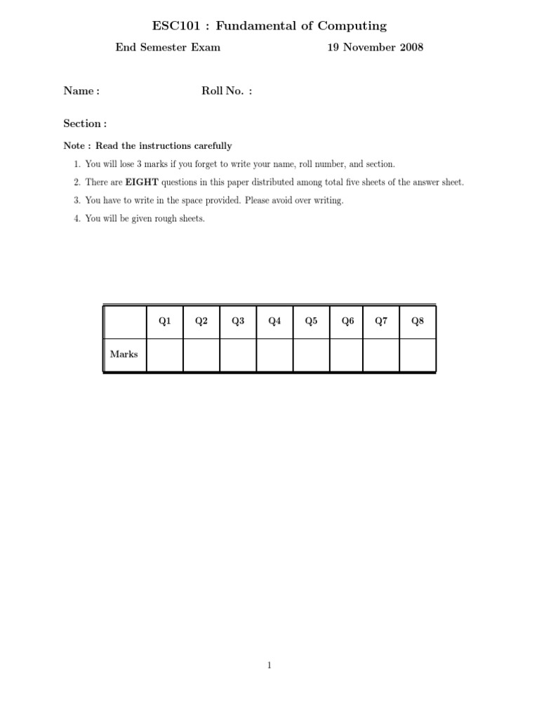 ESC101: Fundamental of Computing: End Semester Exam 19 November 2008 | PDF | Integer (Computer ...