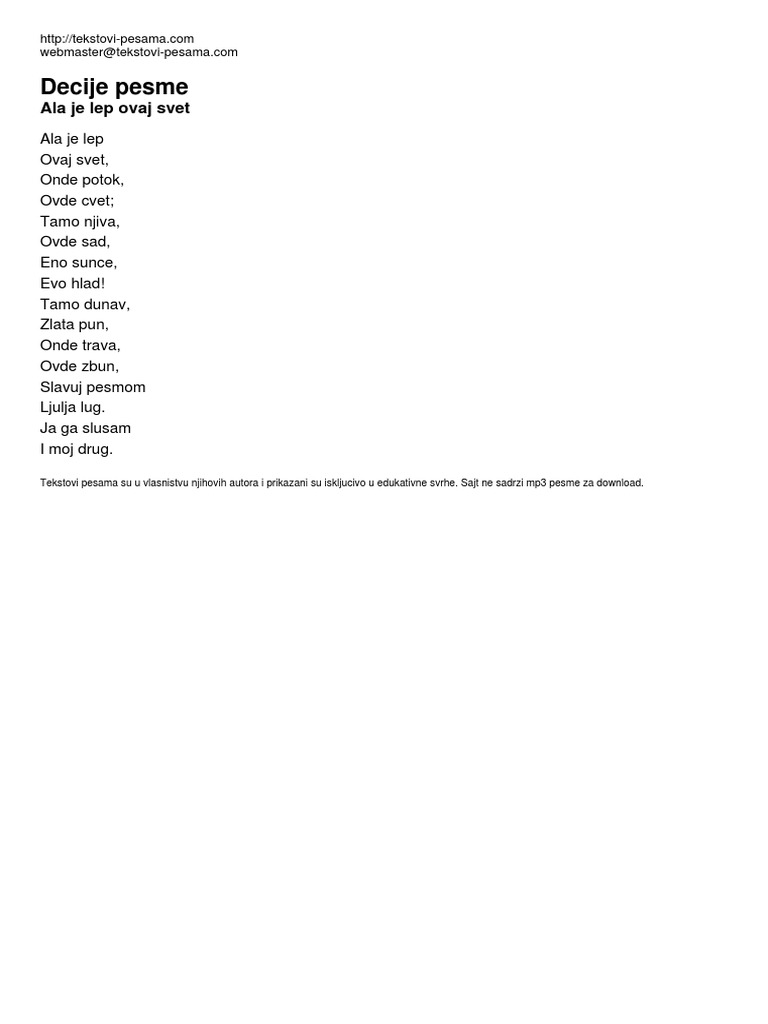 Decije Pesme Ala Je Lep Ovaj Svet | PDF