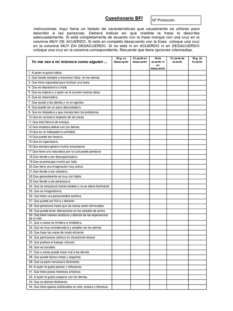 Protocolo BFI Con Evaluación | PDF | Sicología