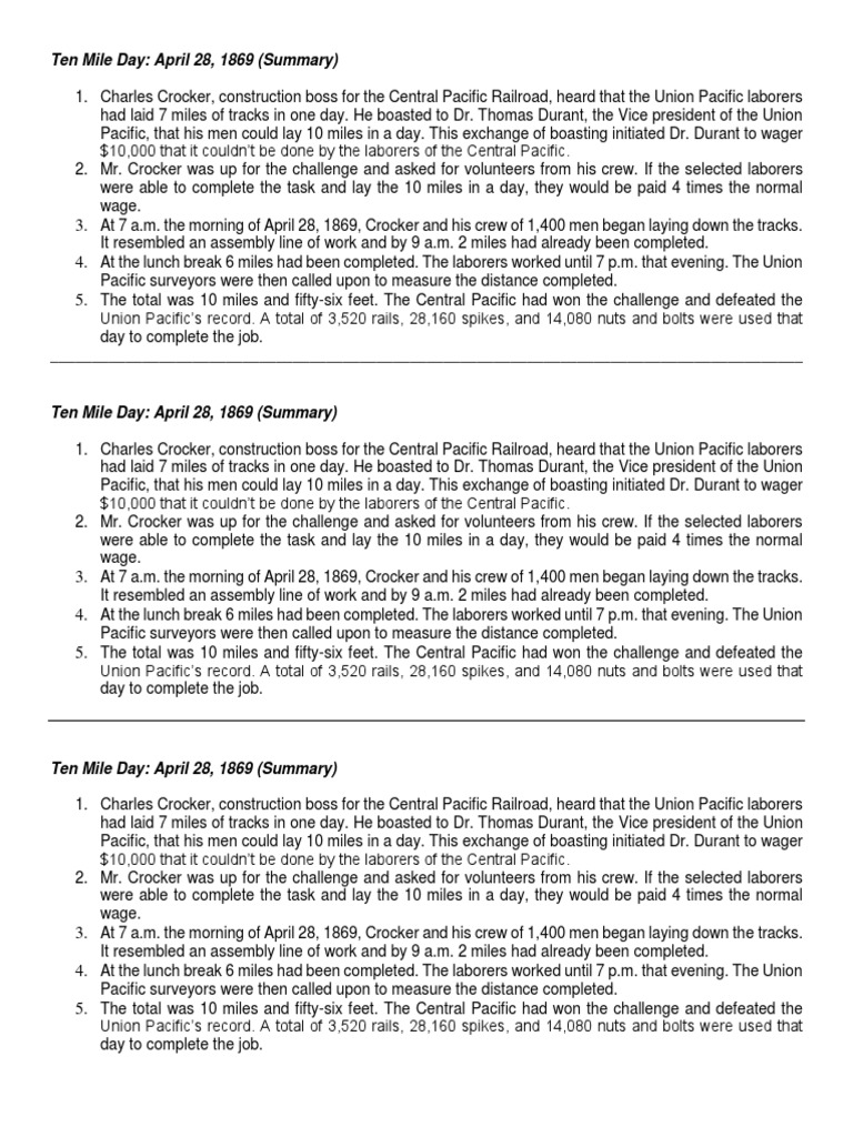 Ten Mile Day-Summary | PDF | First Transcontinental Railroad | United ...