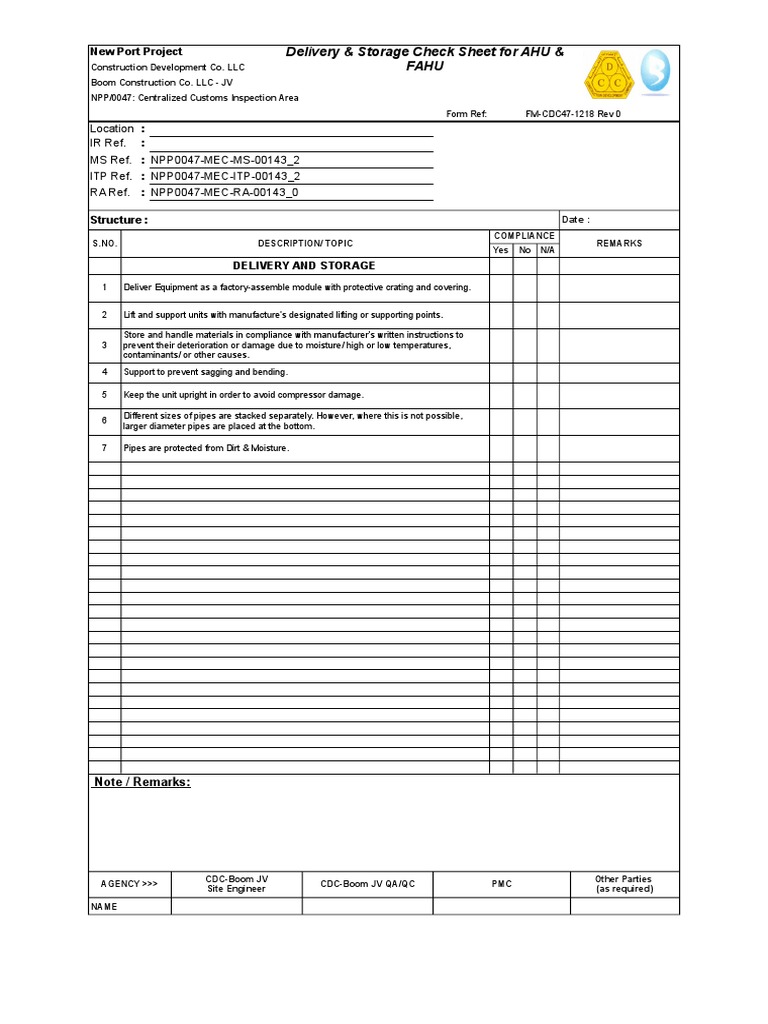 Checklist For Installation Testing And Commissioning Of Ahus And Fahus