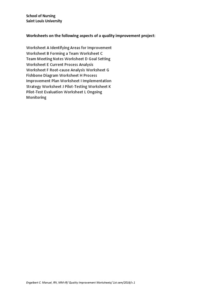 Quality Improvement Worksheets Guide Nursing Students | PDF | Nursing ...