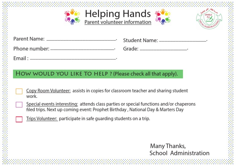 Parent Volunteer Opportunities Form | PDF | Wellness