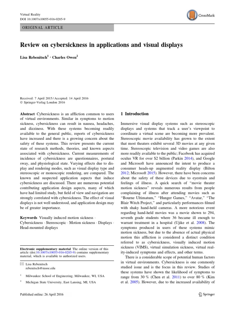 Virtual Reality Review Examines Factors That Cause Cybersickness | PDF | Virtual Reality ...