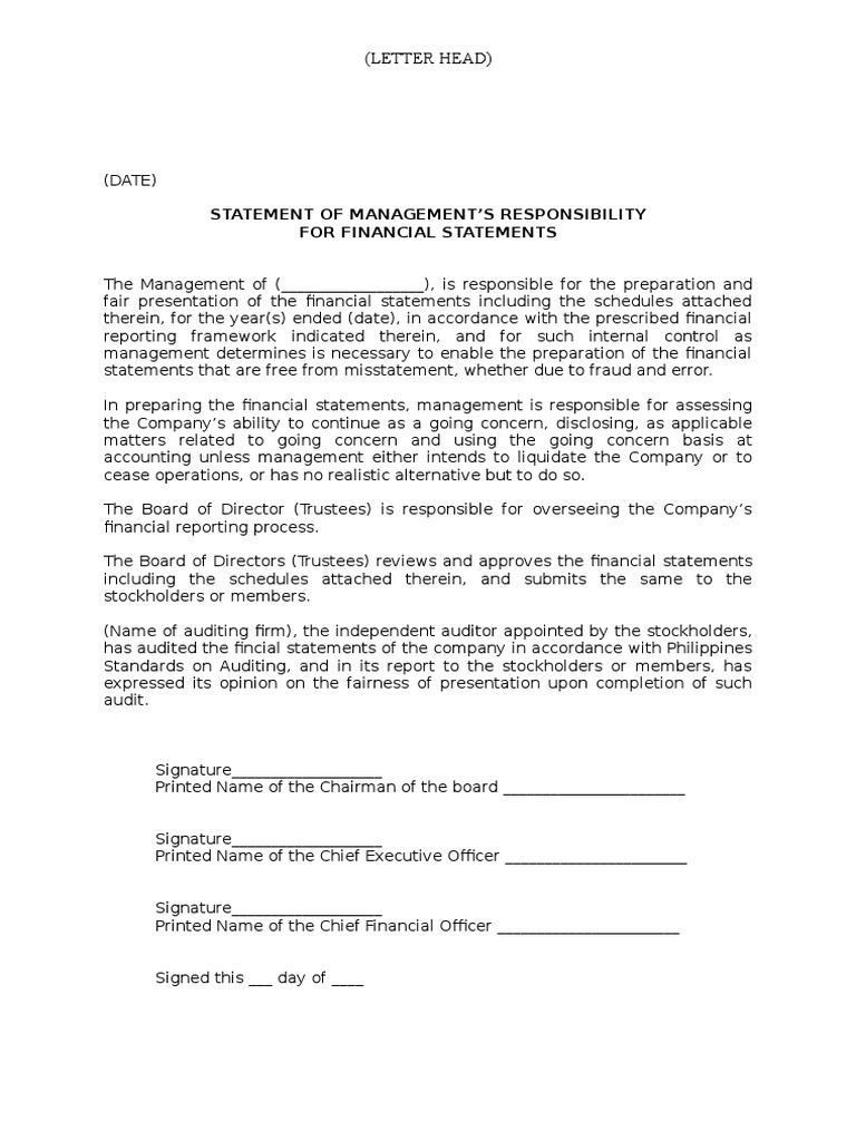 Revised Statement of Management Responsibility 2017 | PDF | Going ...