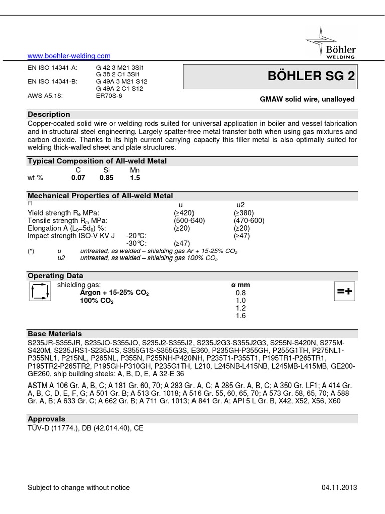 Böhler SG2 Welding Wire Specifications | PDF