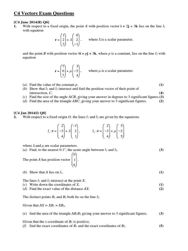 C4 Vectors Exam Questions: (C4 June 2014 (R) Q6) 1 | PDF | Line (Geometry) | Euclidean Vector