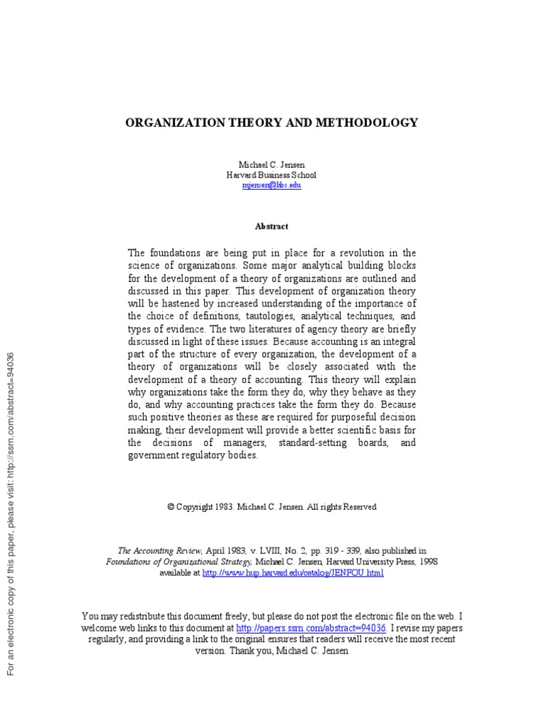 Organization Theory and Methodology: Michael C. Jensen Harvard Business ...