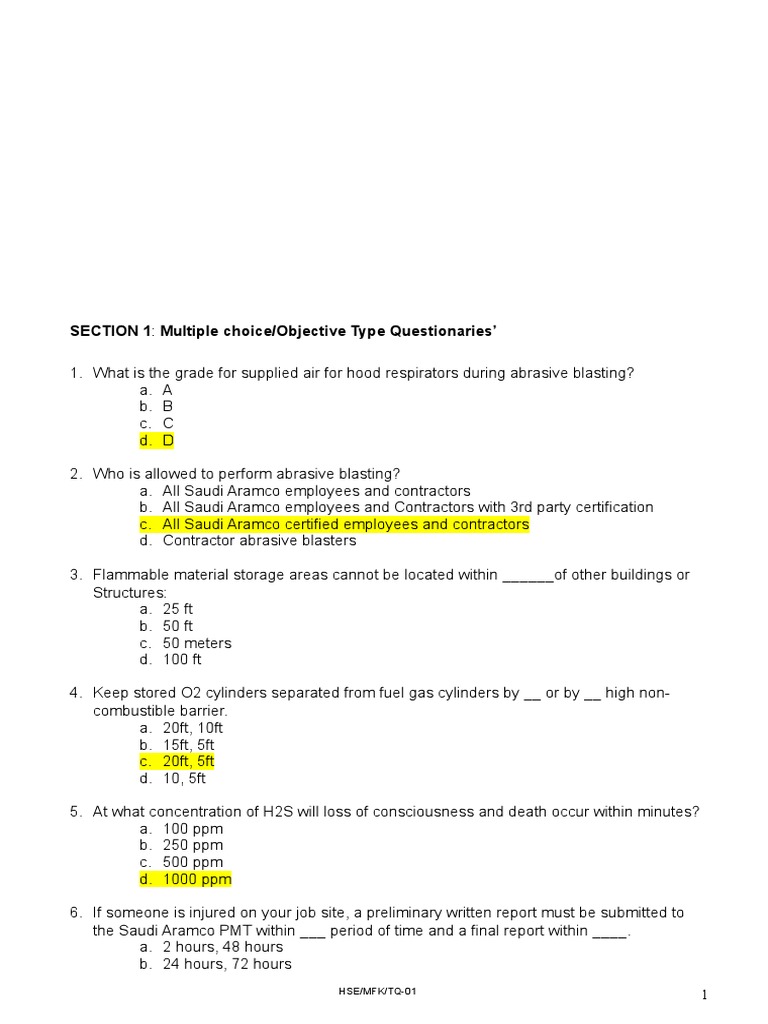 HSE Exam Questions for Aramco Safety | PDF | Crane (Machine) | Elevator
