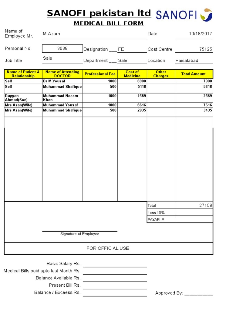 SANOFI Pakistan LTD: Medical Bill Form | PDF | Health Care | Service ...