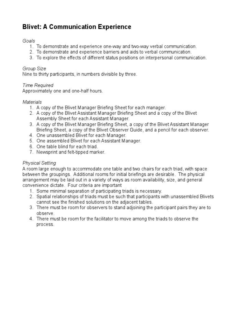 Blivet: A Communication Experience: Goals | PDF | Facilitator | Emergence