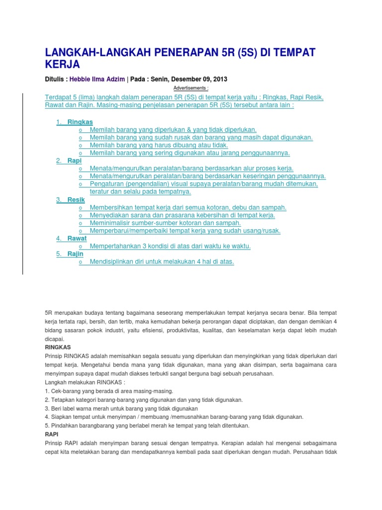 Langkah-Langkah Penerapan 5R (5S) Di Tempat Kerja: Hebbie Ilma Adzim | PDF